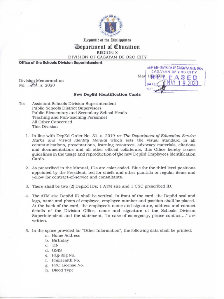 DM251s2020 - New DepEd Identification Cards | PDF