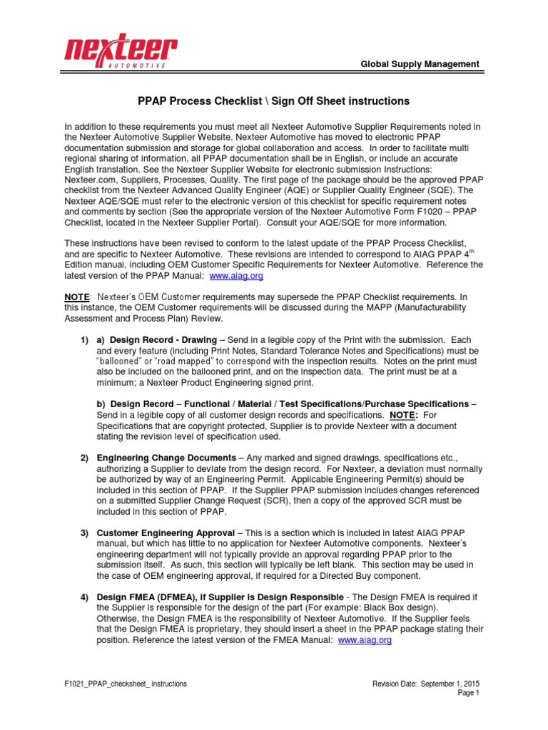 Nexteer PPAP Process Checklist / Sign Off Sheet Instructions | PDF ...
