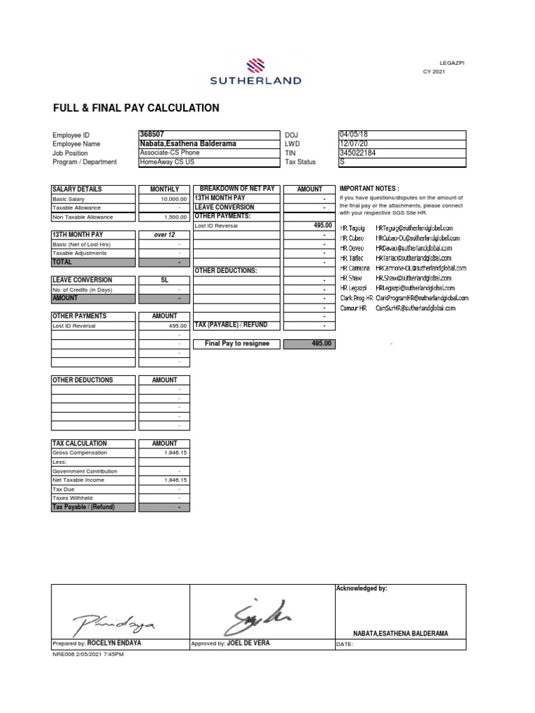 Full & Final Pay Calculation: 368507 Nabata, Esathena Balderama | PDF ...