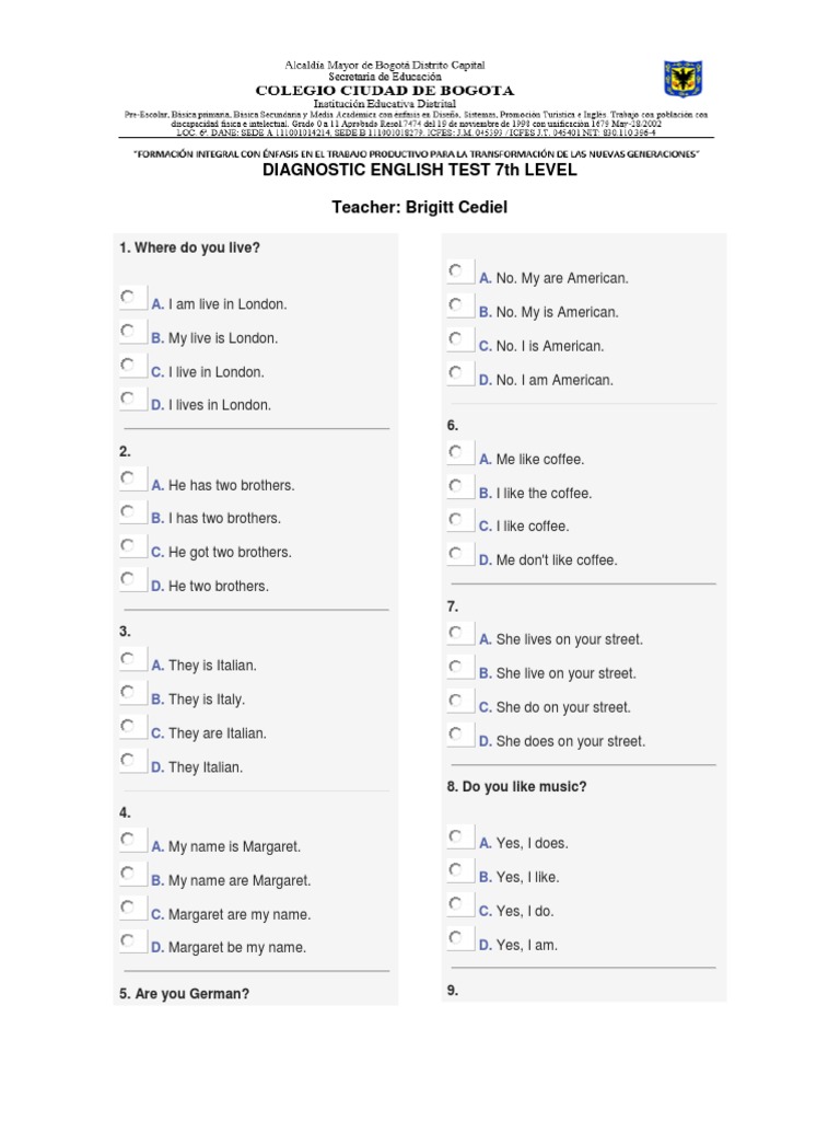 7th Level Diagnostic English Test | PDF
