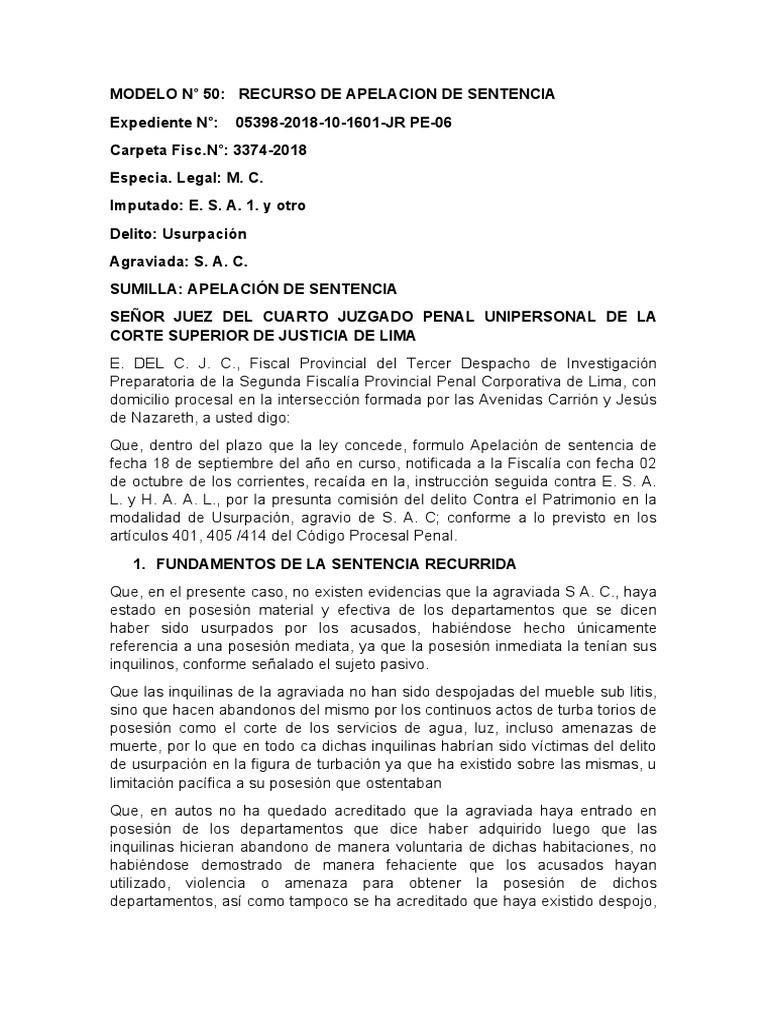 Modelo Recurso de Apelacion de Sentencia | PDF | Sentencia (ley ...