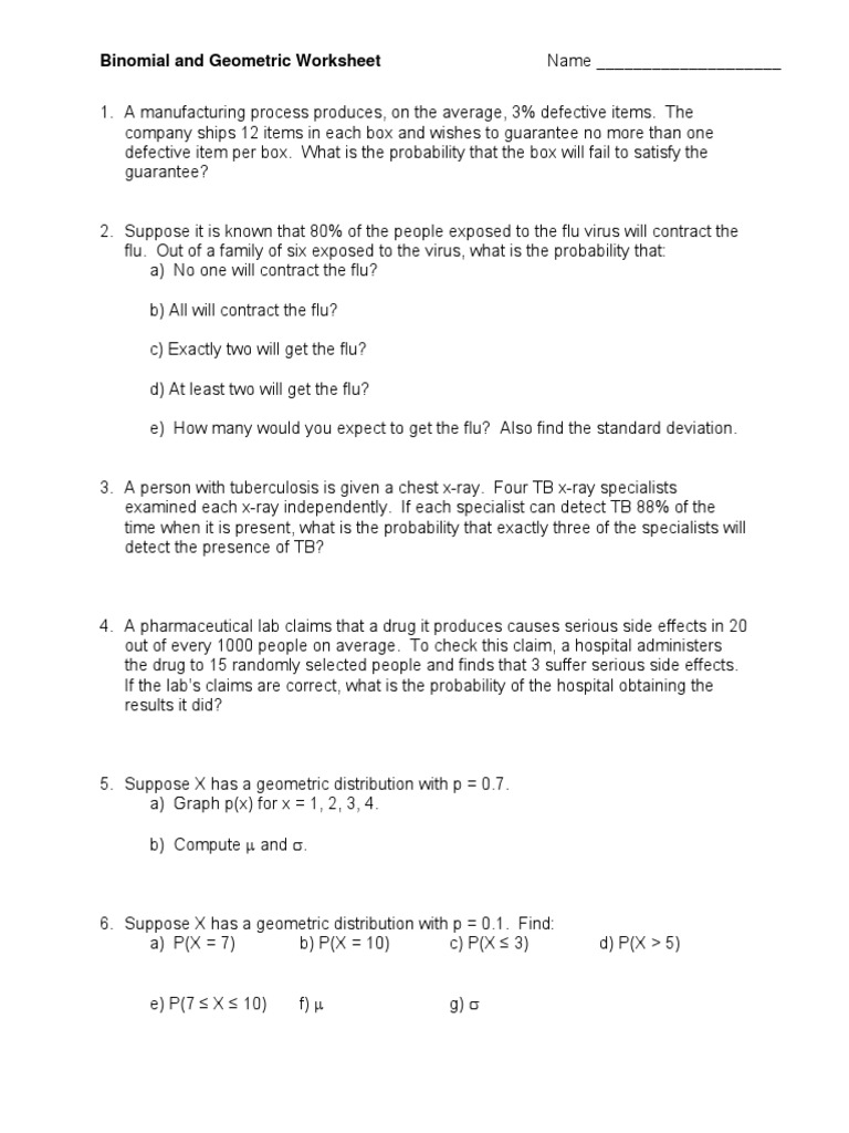 Binomial and Geometric Worksheet | PDF | Tuberculosis | Statistical Theory