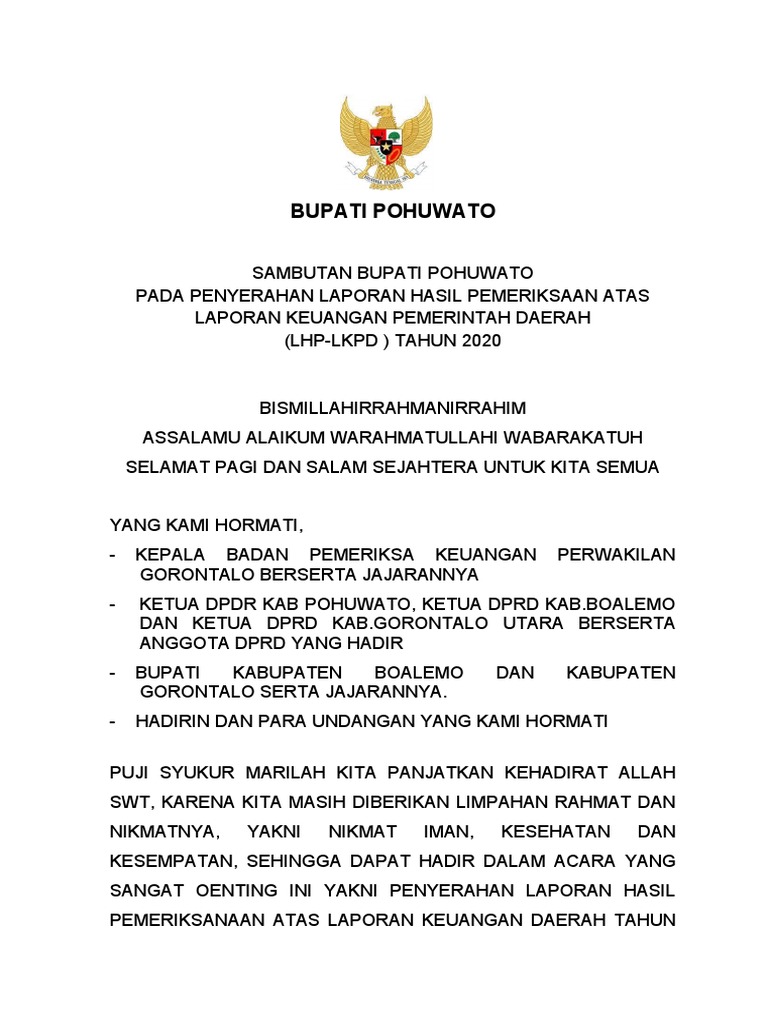 Draft Sambutan LHP BPK 2020 | PDF