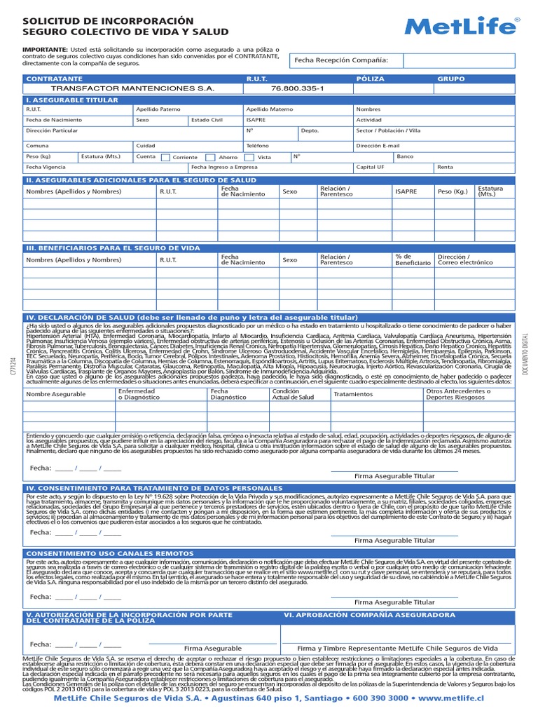 Solicitud Incorporacion METLIFE | PDF | Póliza de seguros | Seguro