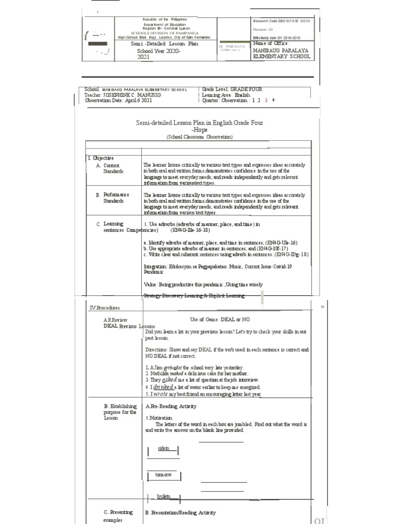 Semi-Detailed Lesson Plan English Grade Four: in - Hope | PDF ...