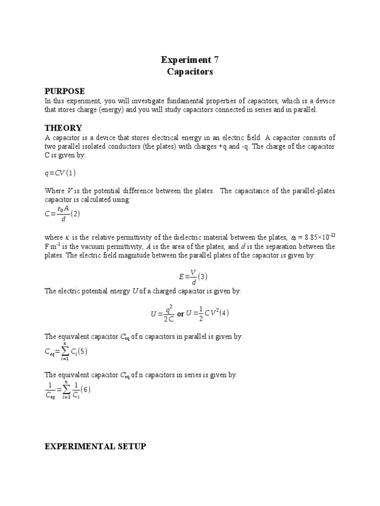 Experiment 7 Capacitors: Purpose | PDF | Capacitor | Dielectric