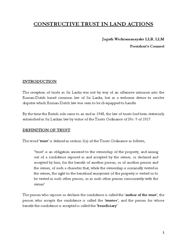 Constructive Trusts - Mr. Jagath Wickramanayake, PC | PDF | Trust Law | Lawsuit
