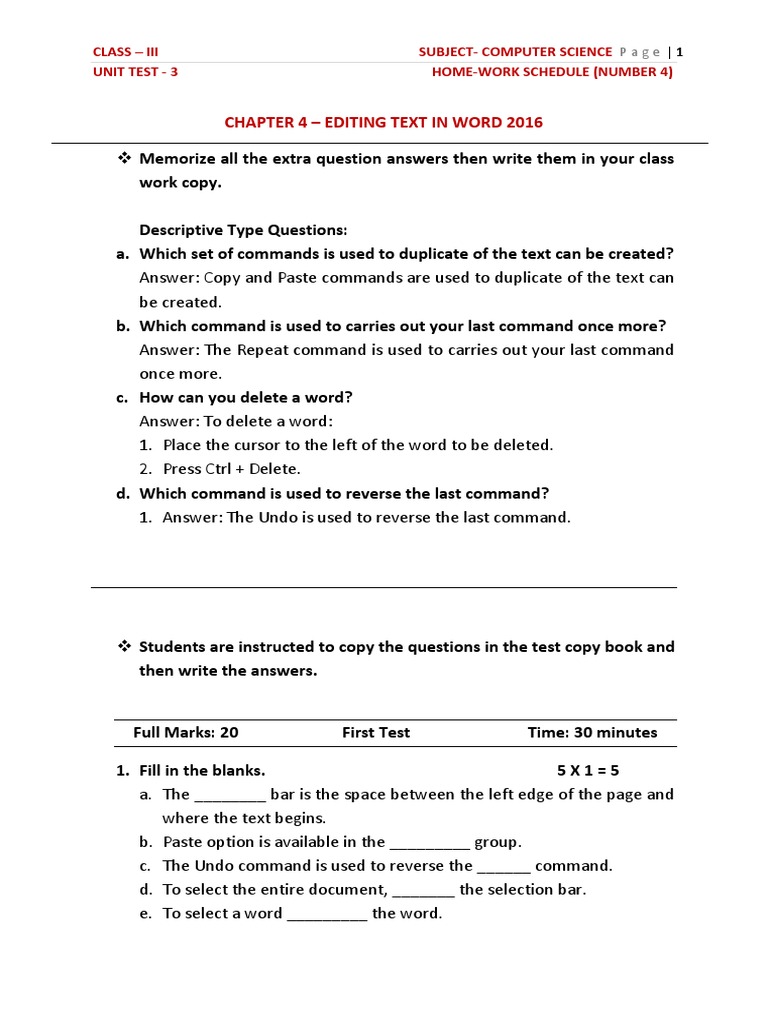 Chapter 4 - Editing Text in Word 2016: Class - Iii Subject-Computer ...