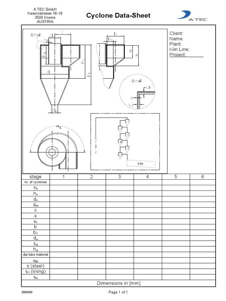 Cyclone Data-Sheet: Client: Name: Plant: Kiln Line: Project | PDF