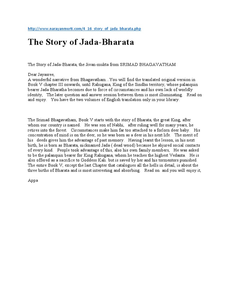 The Story of Jada-Bharata, The Jivan-Mukta From SRIMAD BHAGAVATHAM | PDF