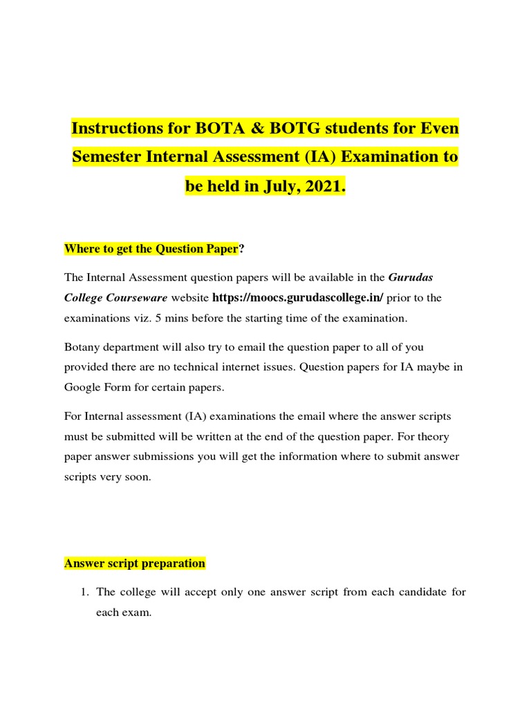 Instructions For BOTA & BOTG Students For Even Semester Internal ...