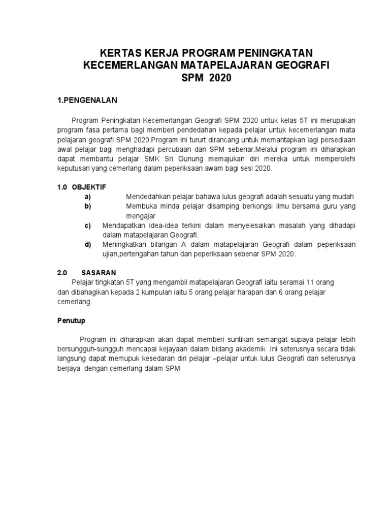 Kertas Kerja Panitia Geografi 2020 | PDF