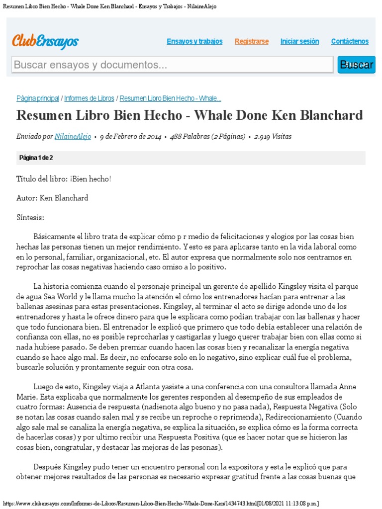 Resumen Libro Bien Hecho - Whale Done Ken Blanchard - Ensayos y ...