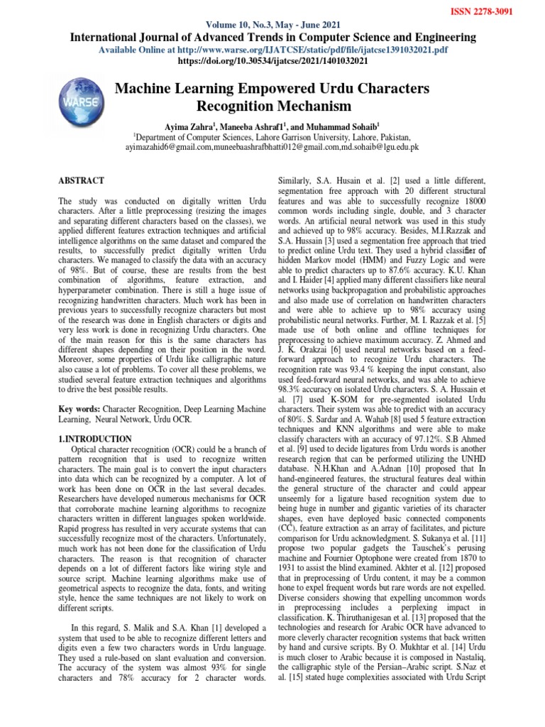 Machine Learning Empowered Urdu Characters Recognition Mechanism | PDF ...