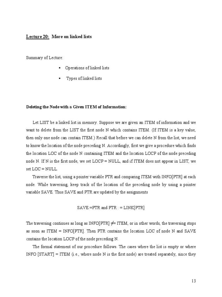 Lecture 20: More On Linked Lists: Deleting The Node With A Given ITEM of Information | PDF ...