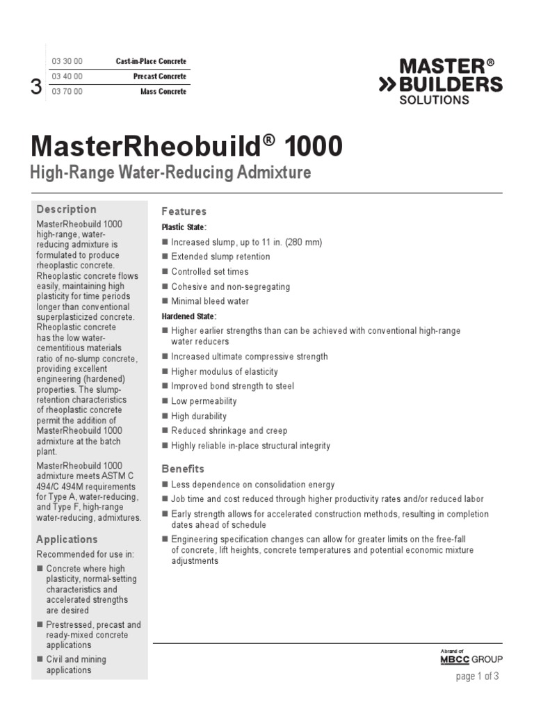 Masterrheobuild 1000 Tds | PDF | Concrete | Building Technology