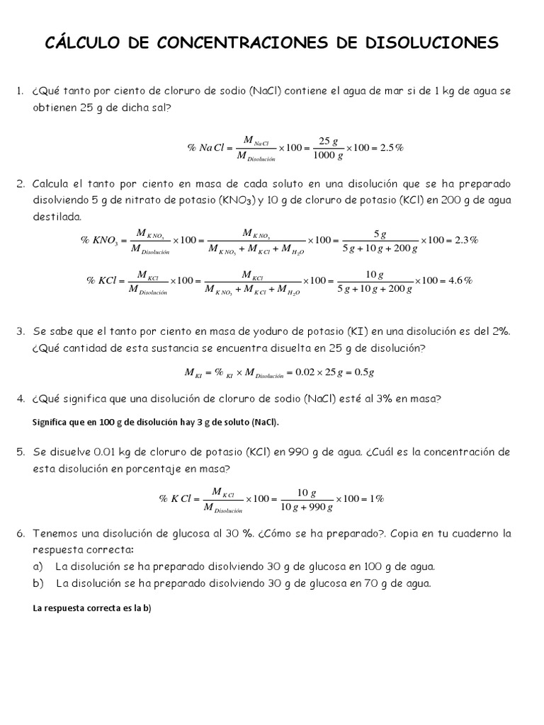 Cálculo Concentraciones de Una Disolución | PDF | Cloruro de potasio ...