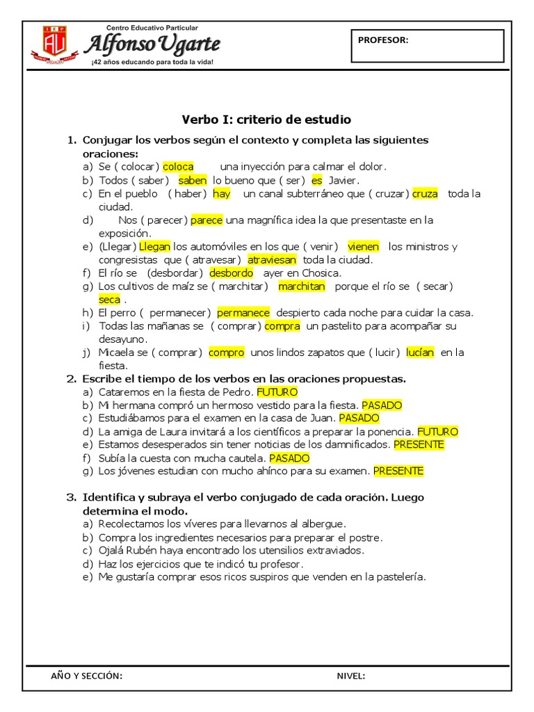 Ejercicios de identificación de verbos | PDF