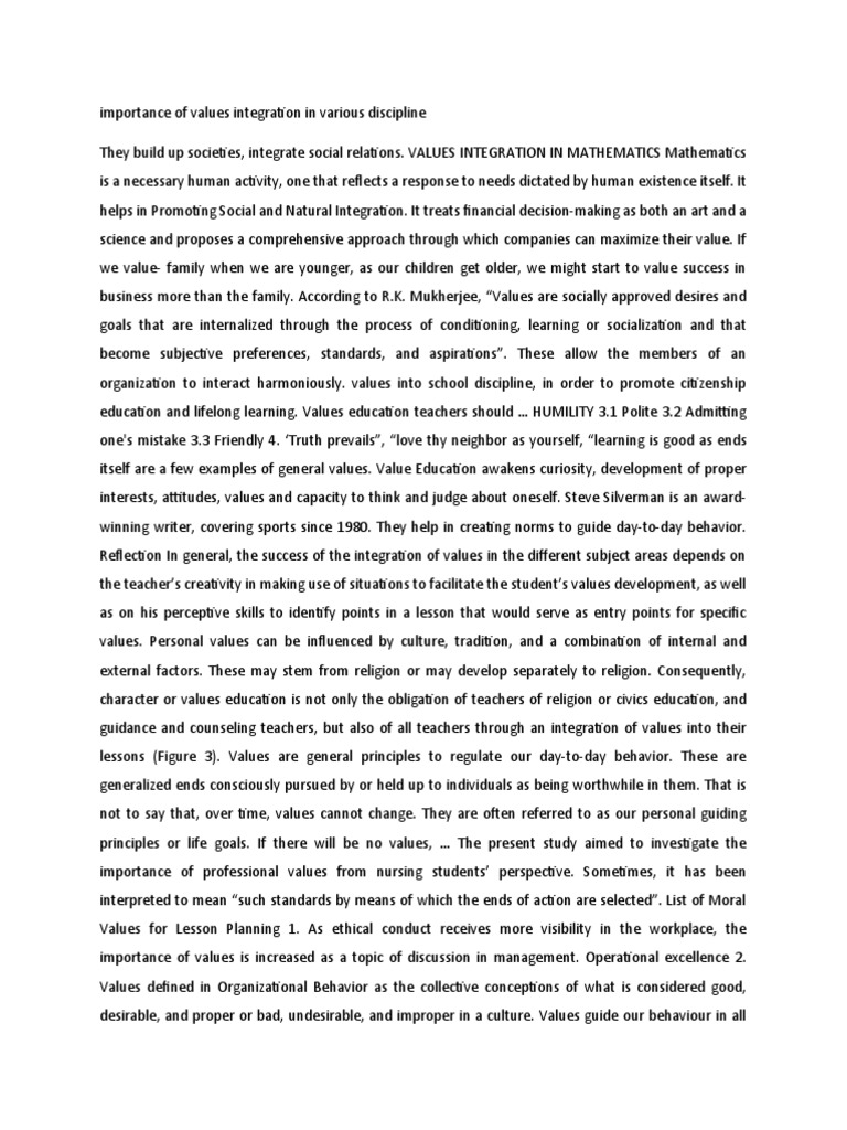 Importance of Values Integration in Various Discipline | PDF | Value ...
