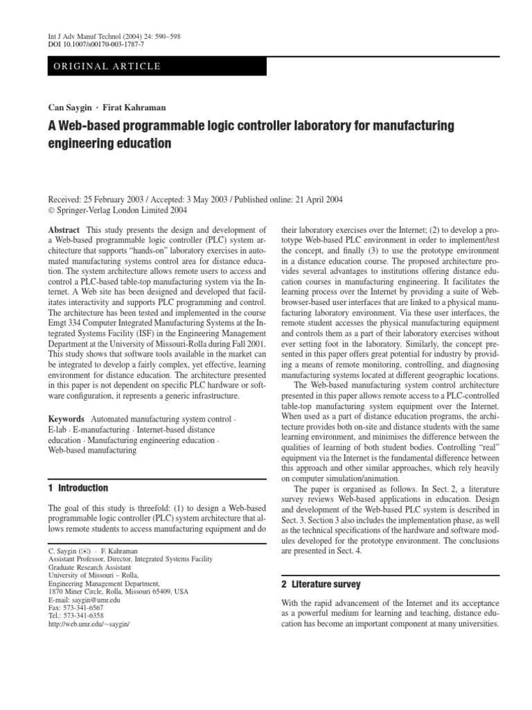A Web-Based Programmable Logic Controller Laboratory For Manufacturing ...