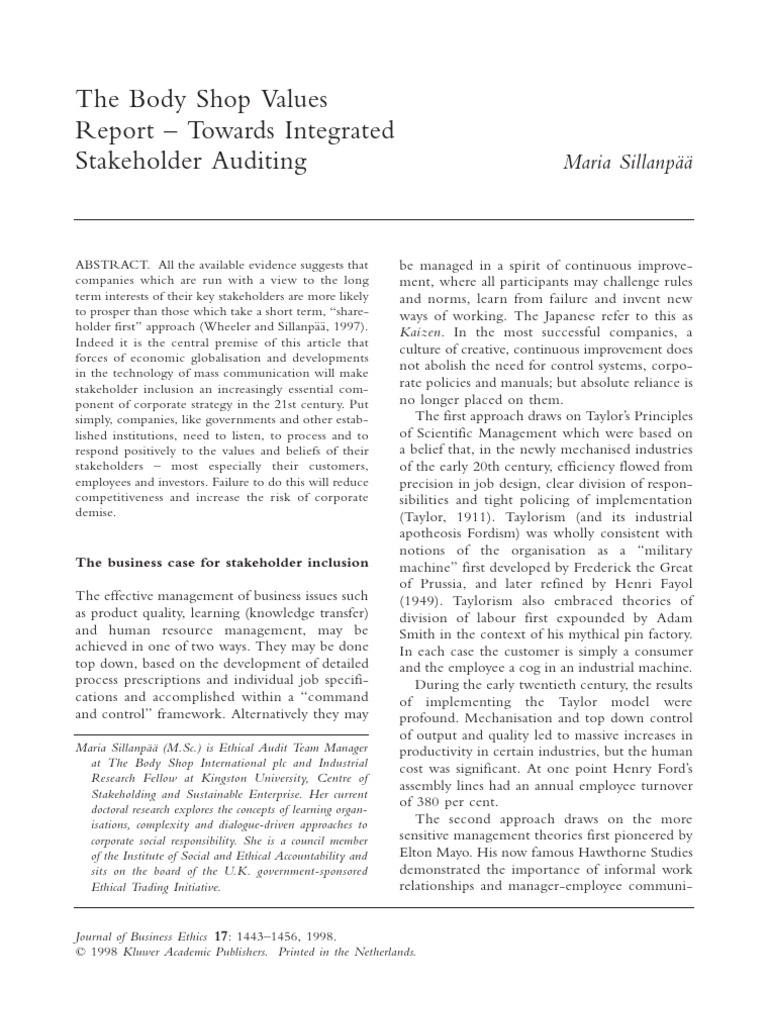 The Body Shop Values Report – | PDF | Audit | Stakeholder (Corporate)