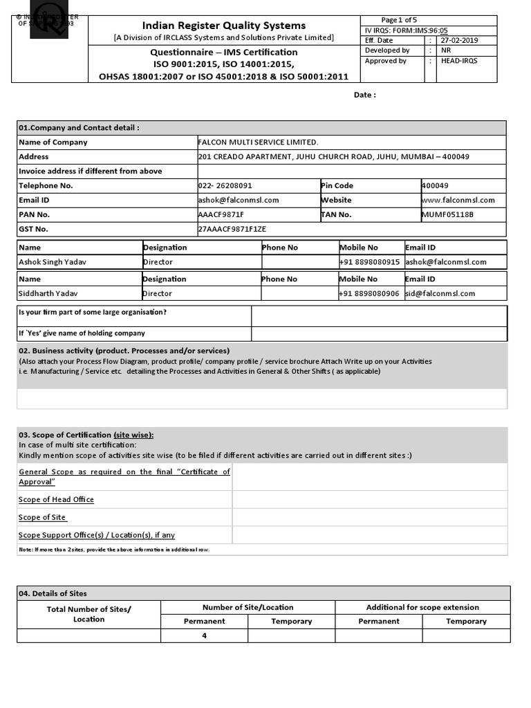 096 Questionnaire IMS Certification REV5 | PDF | Hazardous Waste | Iso 9000