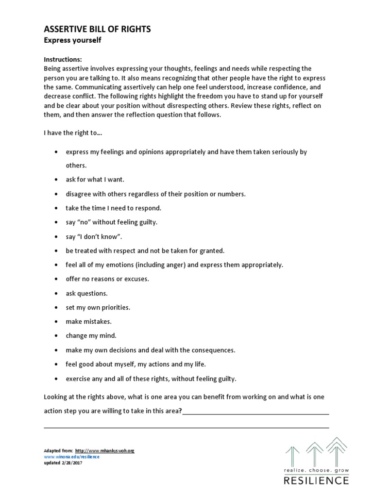 Assertive Bill of Rights Worksheet | PDF