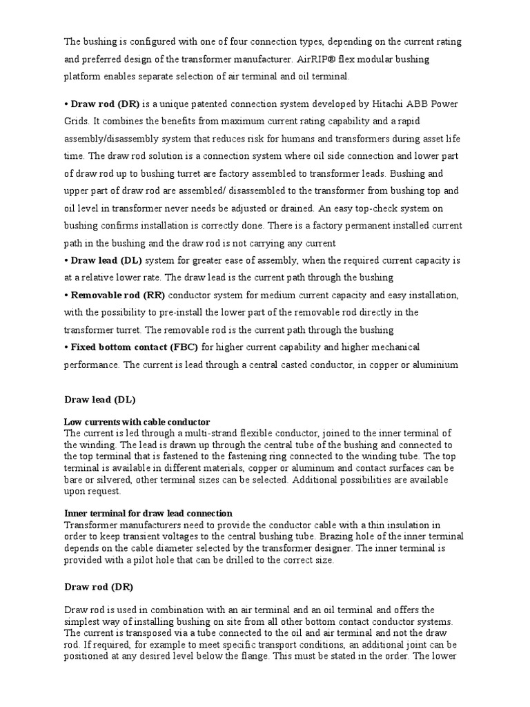 Bushing Conductor Types | PDF | Insulator (Electricity) | Transformer