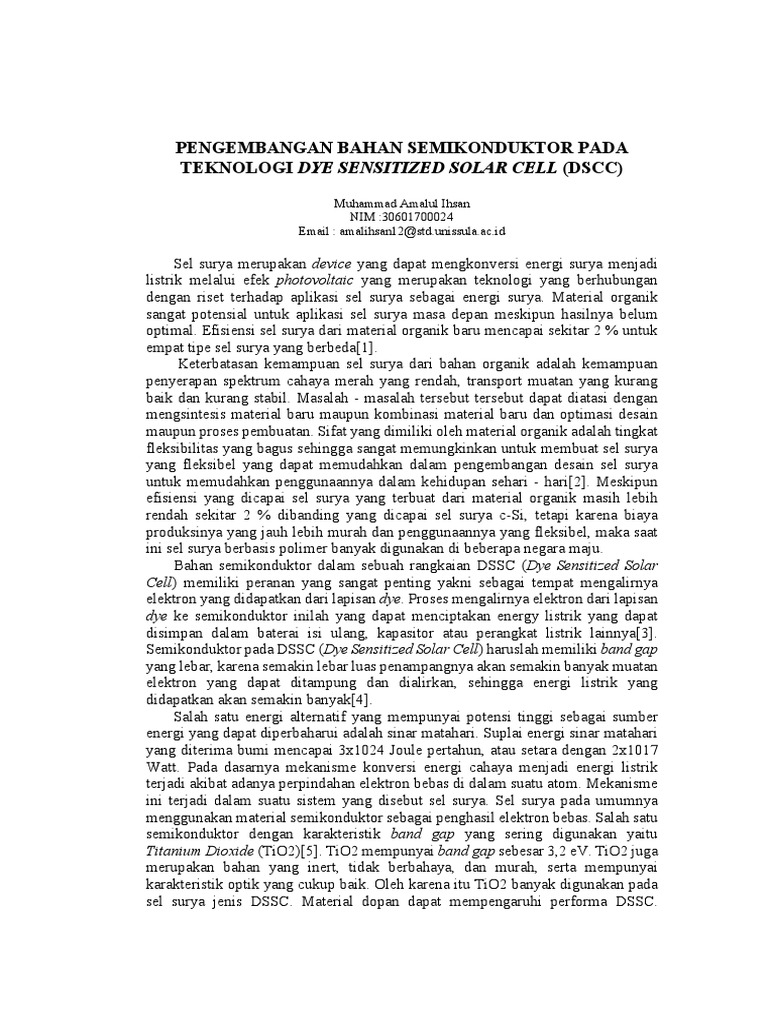 Pengembangan Bahan Semikonduktor Pada Teknologi Dye Sensitized Solar Cell (DSCC) | PDF