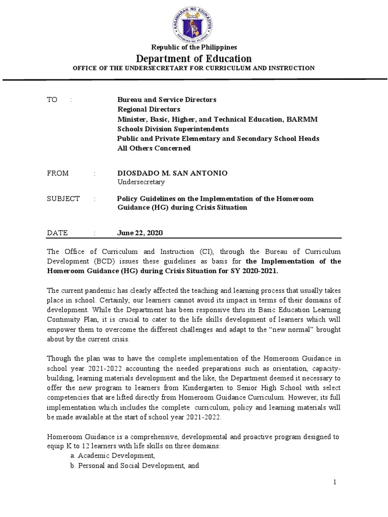Deped Memorandum - Policy Guidelines On The Implementation of The ...