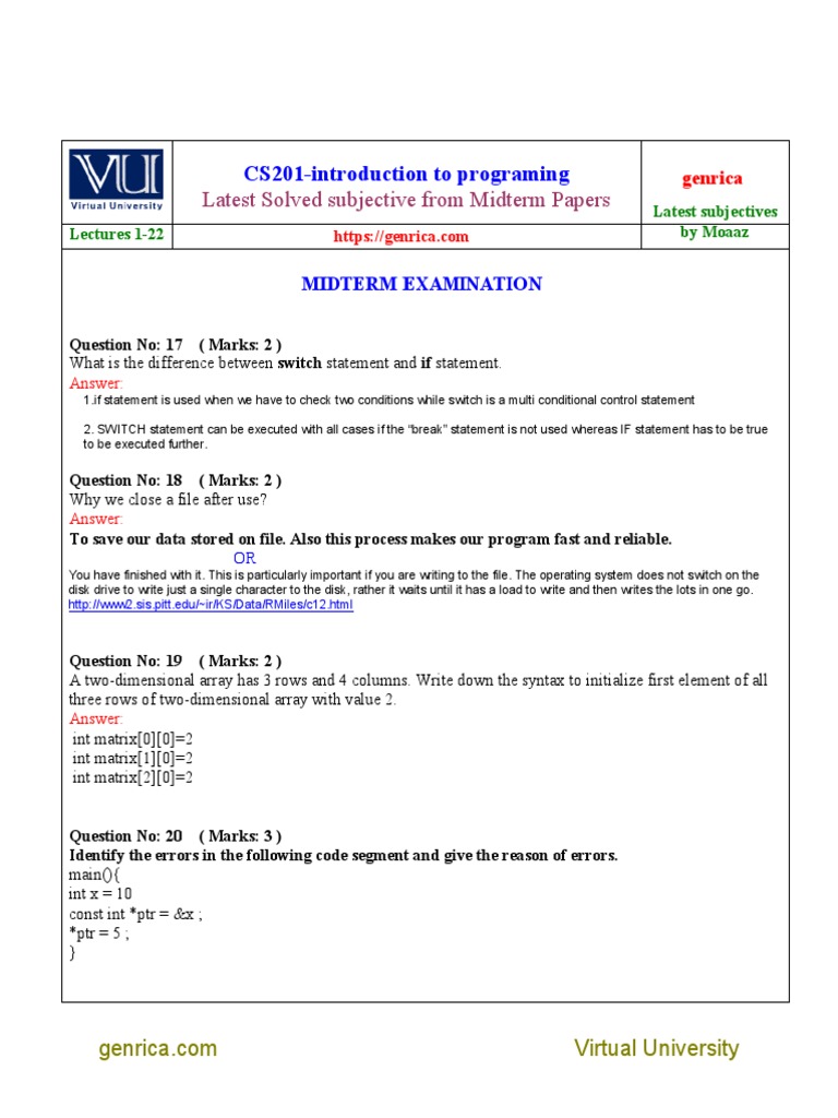 CS201-Midterm Subjectives Solved With References by Moaaz | PDF | Pointer (Computer Programming ...