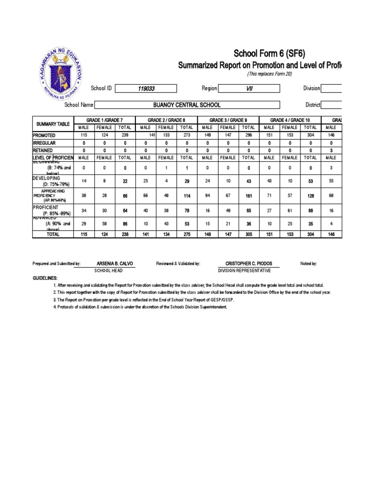 School Form 6 (SF6) : Summarized Report On Promotion and Level of ...