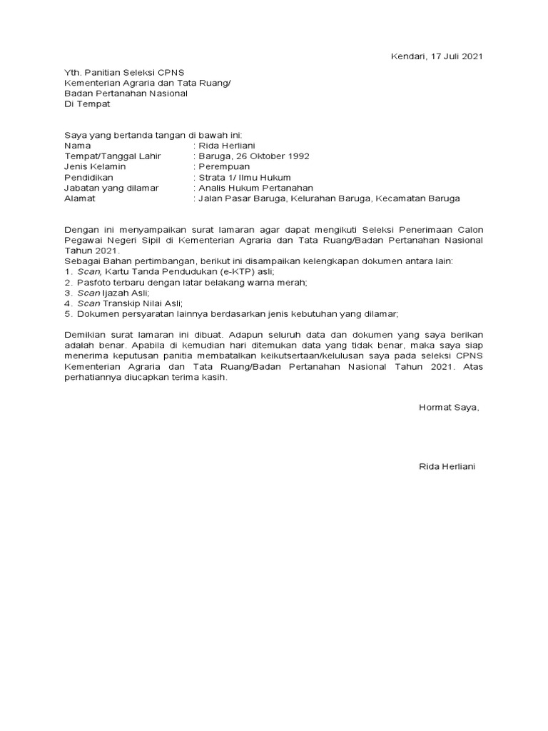 Surat CPNS Kak Rida | PDF