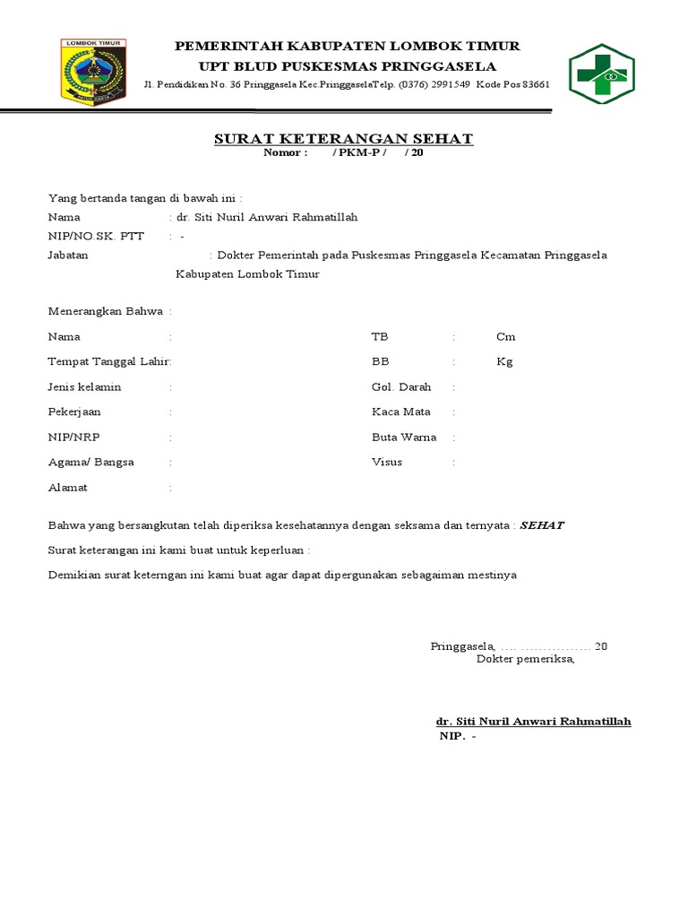 Surat Keterangan Sehat Puskesmas Pringgasela | PDF