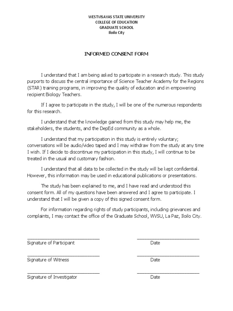 Informed Consent Form: Westvisayas State University College of ...