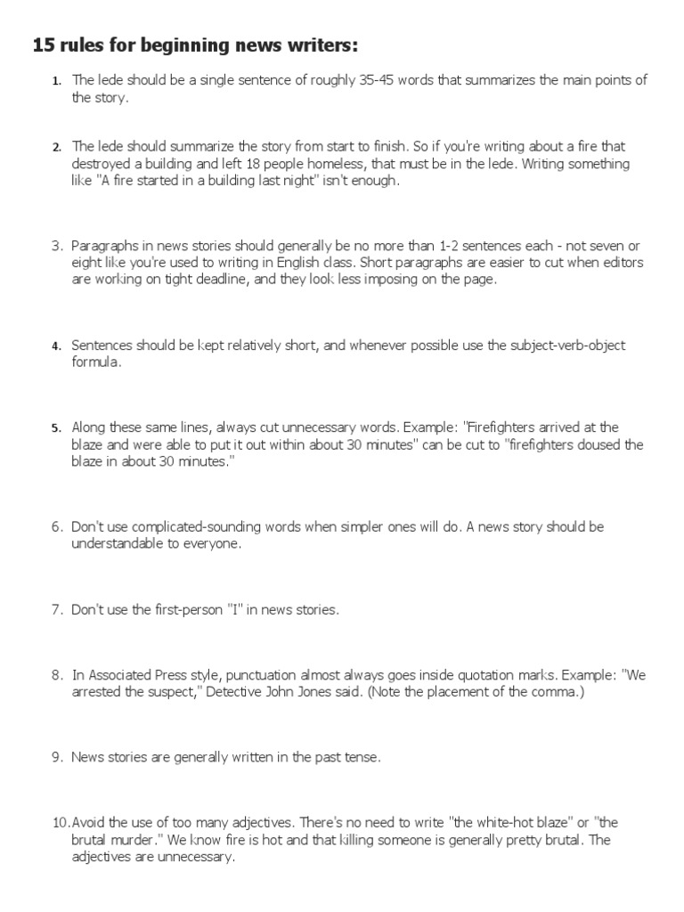 15 Rules For Beginning News Writers | PDF | News | Grammar