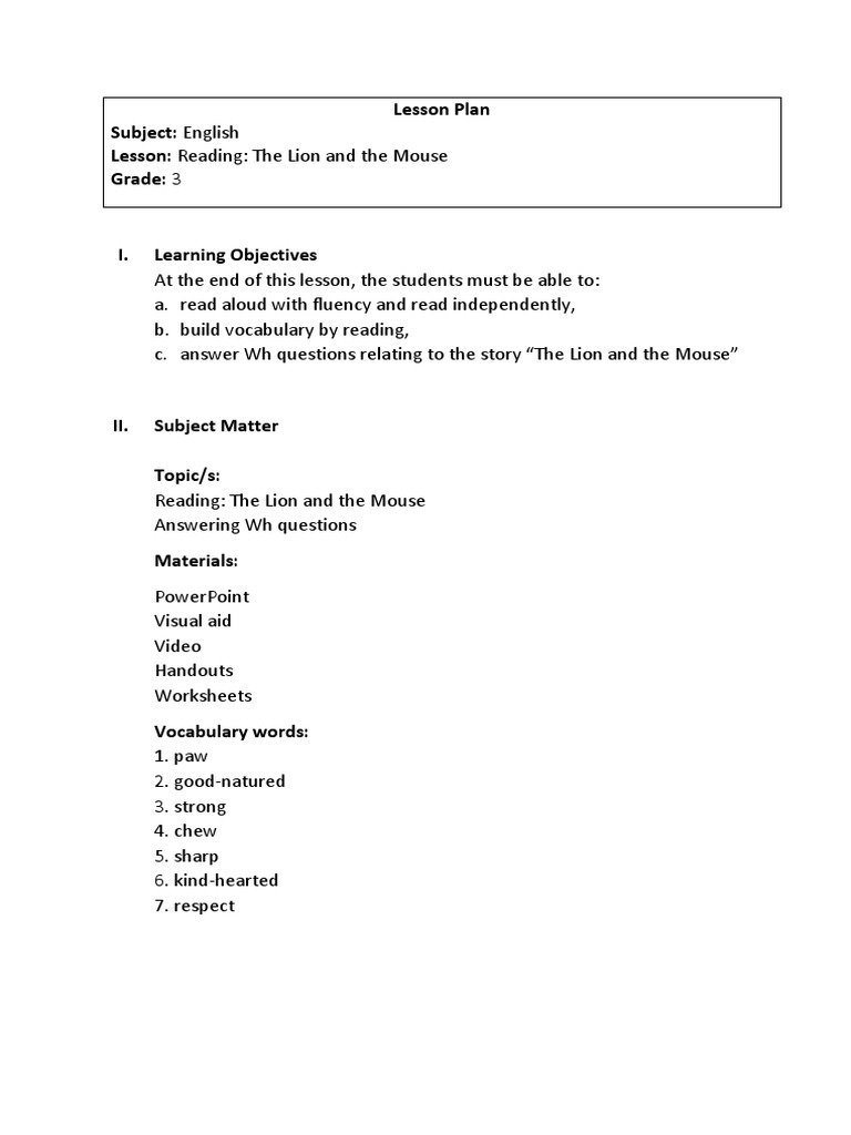 Lesson Plan The Lion and The Mouse | PDF | Reading Comprehension ...