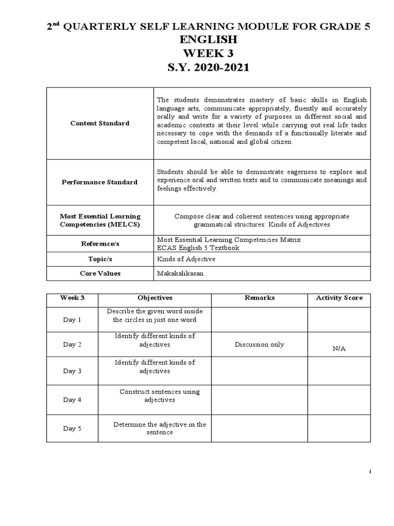 2nd QUARTERLY SELF LEARNING MODULE FOR GRADE 5 | PDF | Adjective | Noun