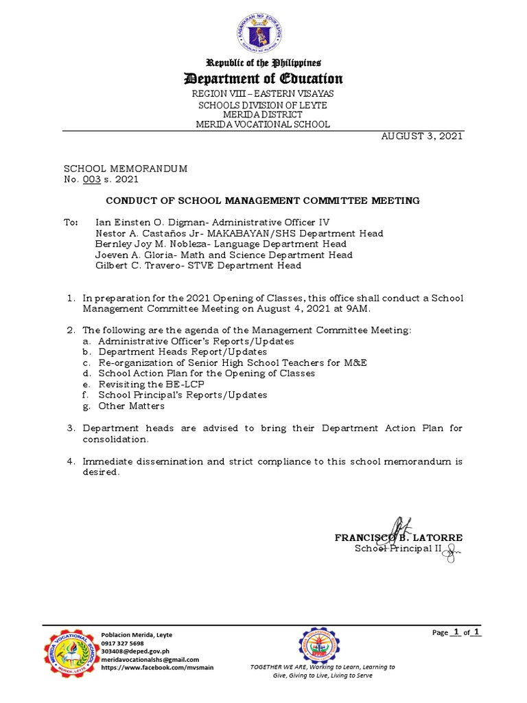 SM - 003s.2021 - Conduct of School Management Committee Meeting | PDF