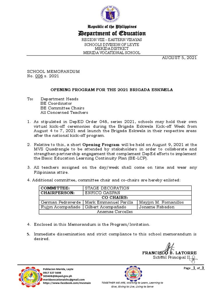 SM - 006s.2021 - Opening Program For The 2021 Brigada Eskwela | PDF ...