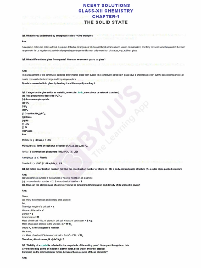 Ncert Solutions Class 12 Chemistry Chapter 1 Solid State 1 | PDF ...