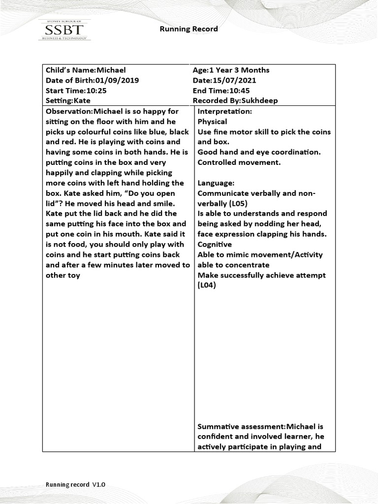 Running Record for Child Development | PDF | Learning | Psychology