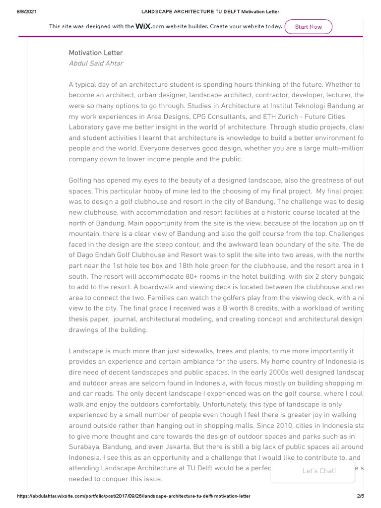 LANDSCAPE ARCHITECTURE TU DELFT Motivation Letter | PDF | Jakarta