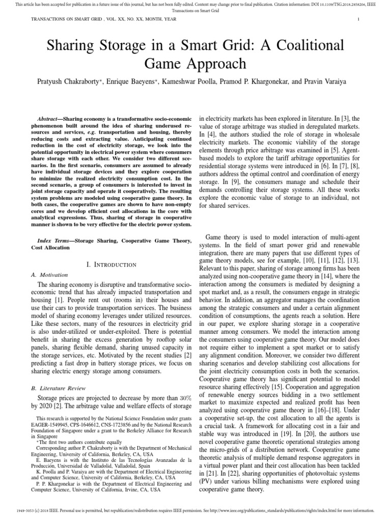 Sharing Storage in A Smart Grid: A Coalitional Game Approach | PDF | Game Theory | Smart Grid
