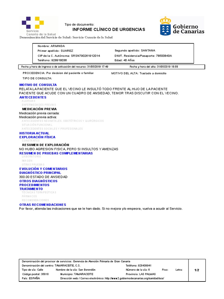 Informe Clínico de Urgencias: Denominación Del Servicio de Salud: Servicio Canario de La Salud ...