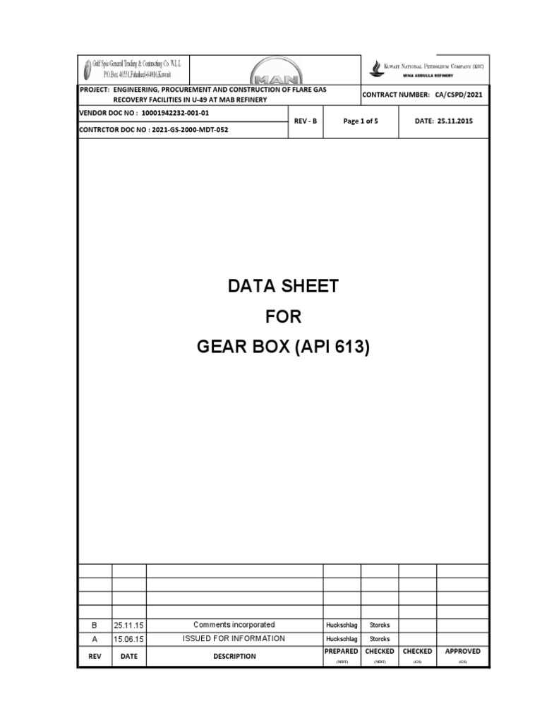 Data Sheet FOR Gear Box (Api 613) : B 25.11.15 A 15.06.15 Comments ...