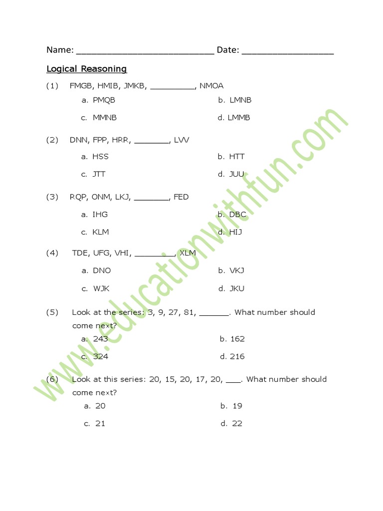 Logical Reasoning Worksheet 1 | PDF