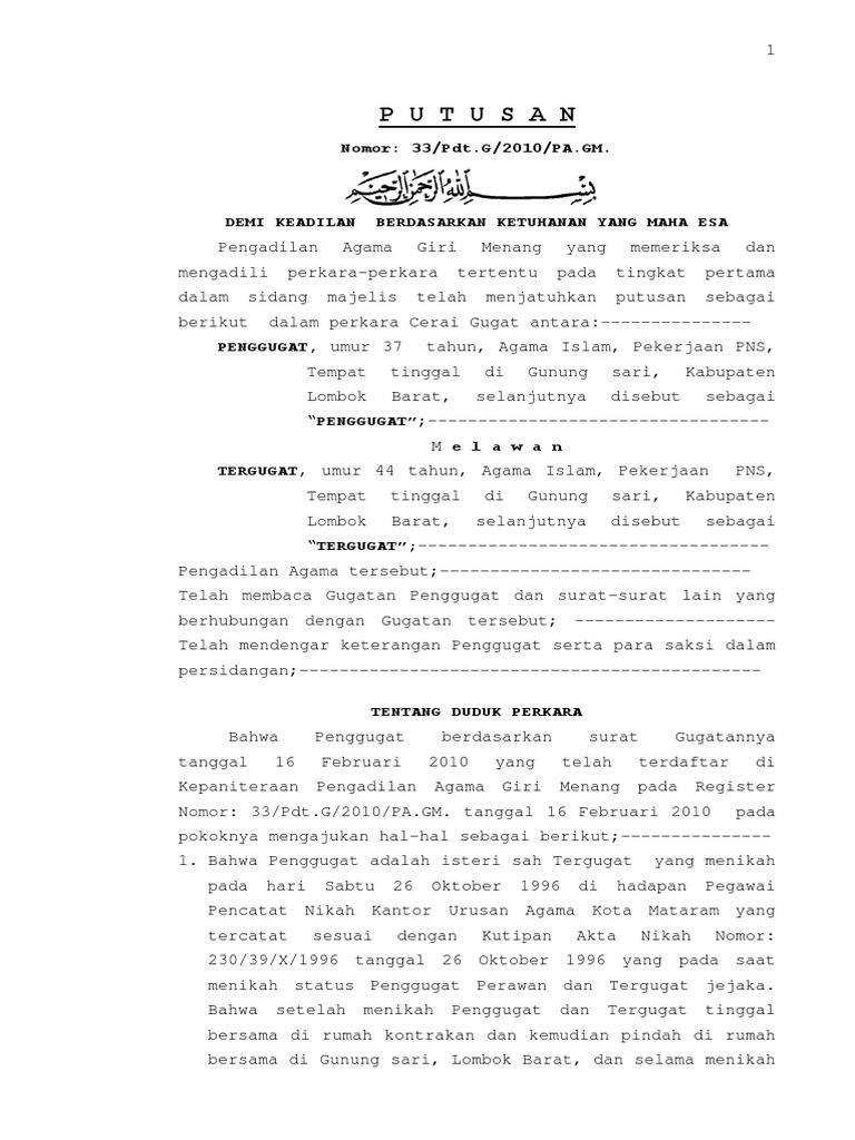 Putusan Cerai Gugat Verstek No. 33 2010 | PDF