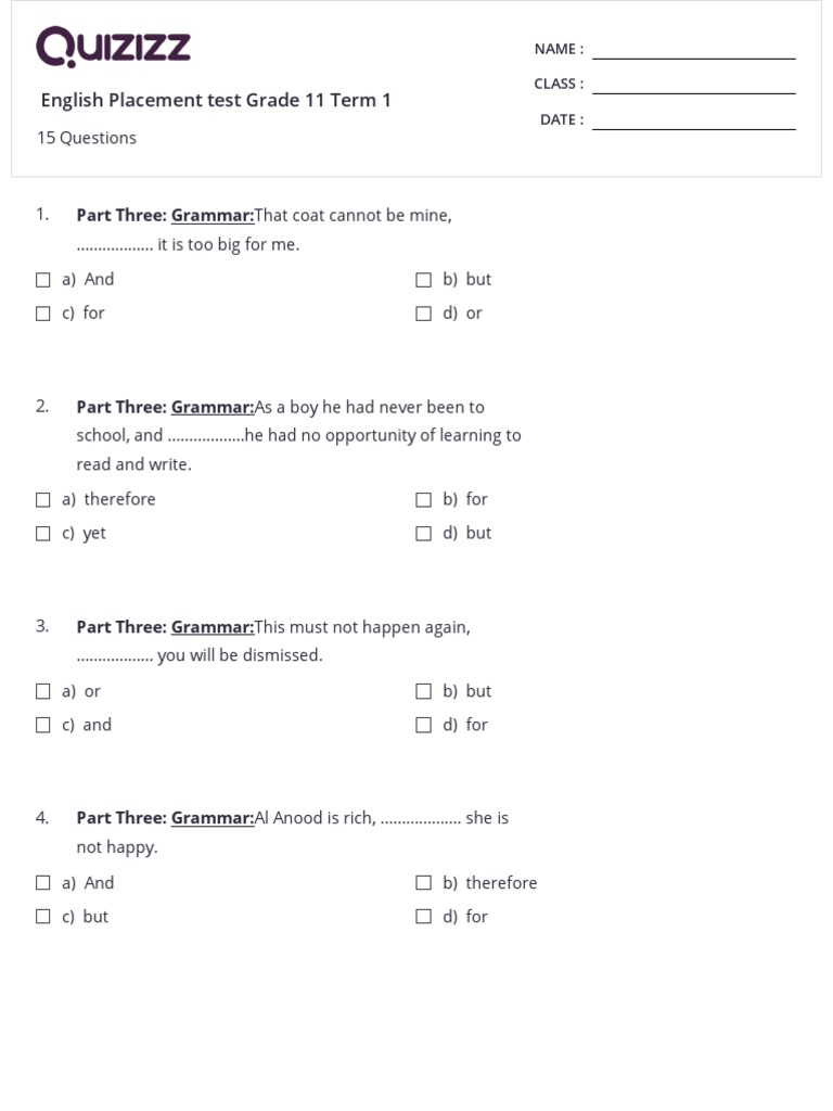 English Placement Test Grade 11 Term 1 - Print - Quizizz | PDF