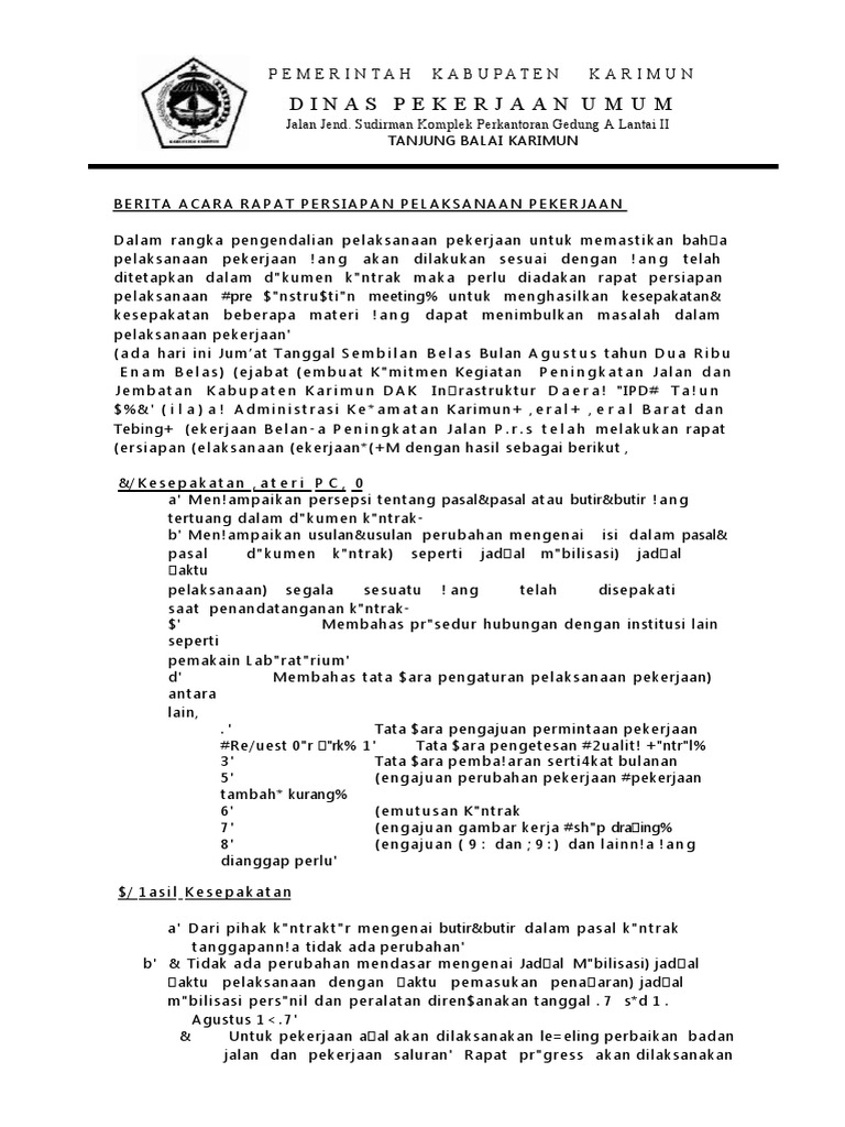 Berita Acara Rapat Persiapan Pelaksanaan Pekerjaan PCM | PDF